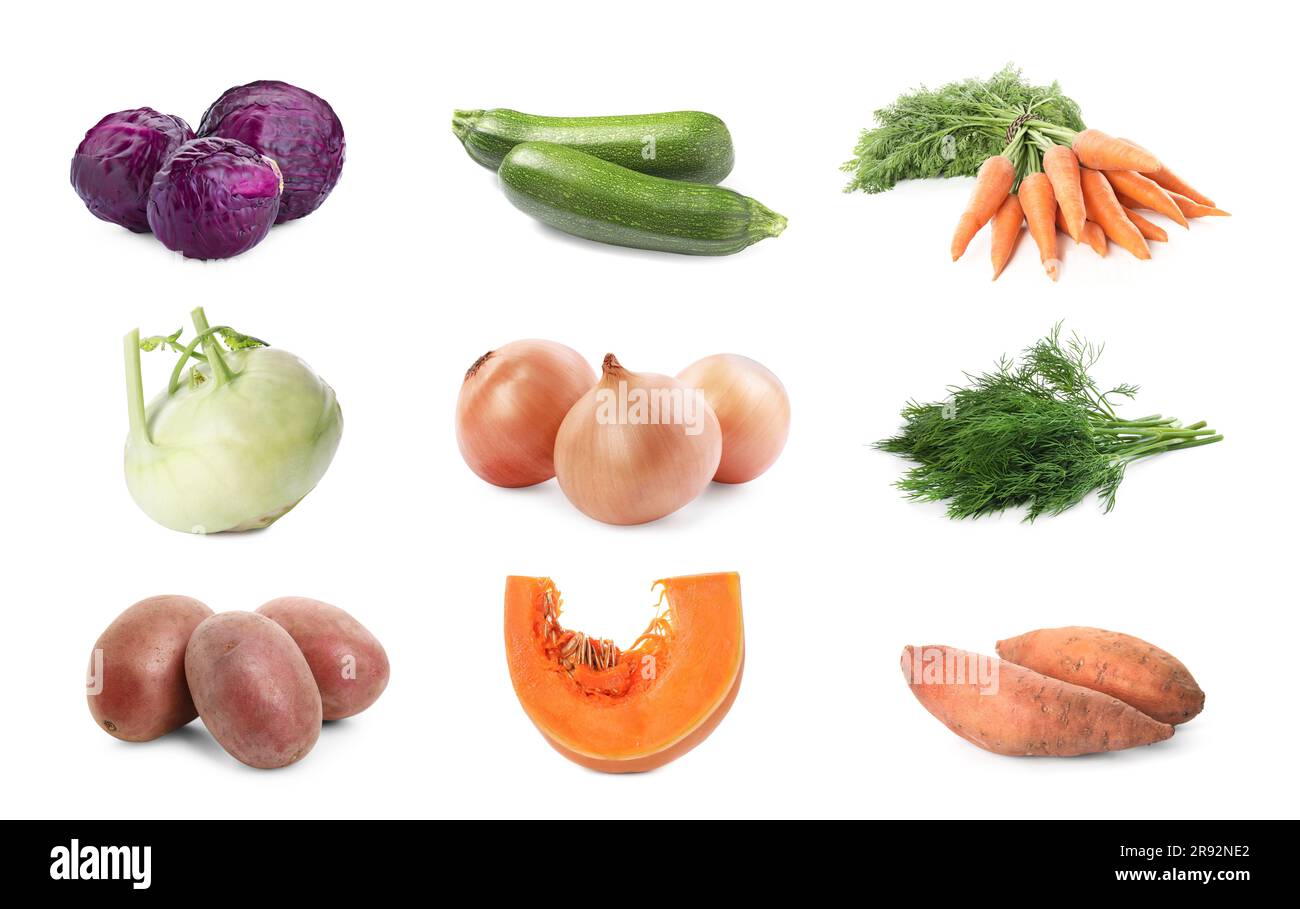 Collage with many fresh vegetables on white background Stock Photo - Alamy