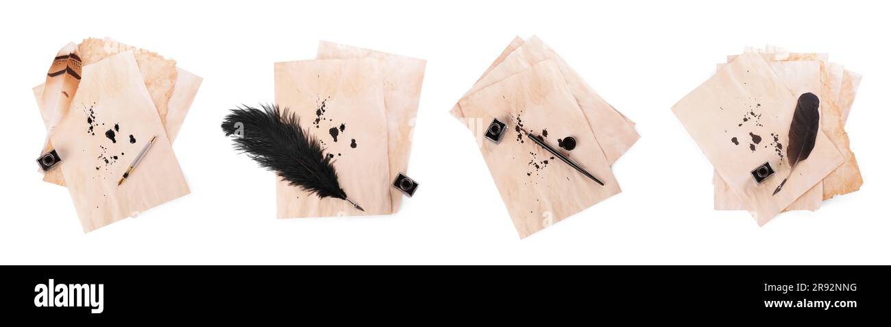 Many sheets of parchment with stains of ink, inkwell and different pens ...