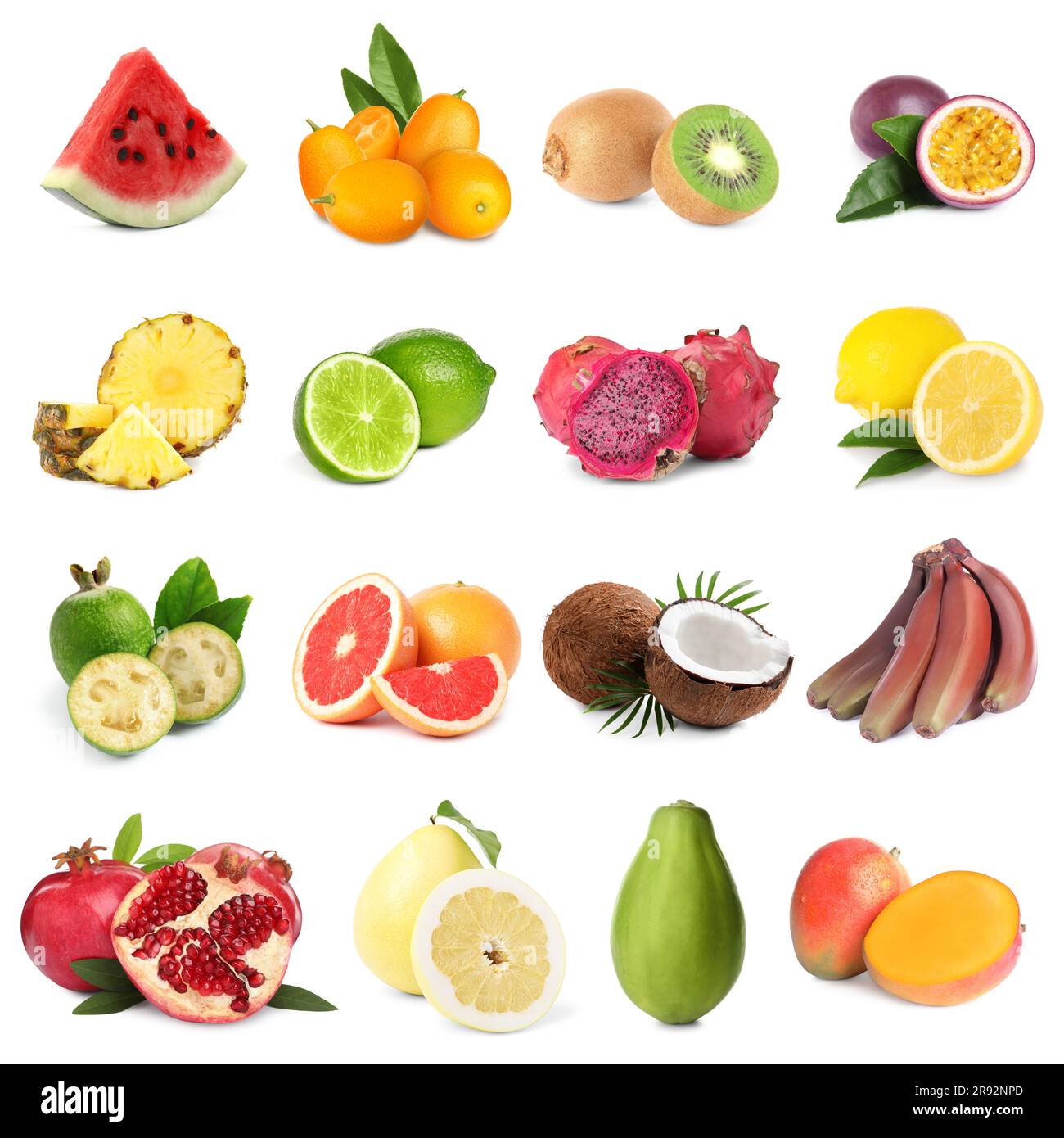 Collage with many fresh exotic fruits on white background Stock Photo ...