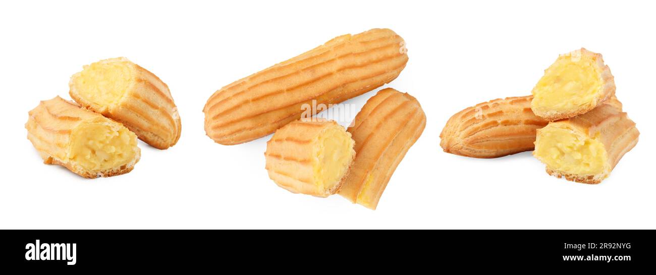 Collage with tasty eclairs on white background Stock Photo - Alamy