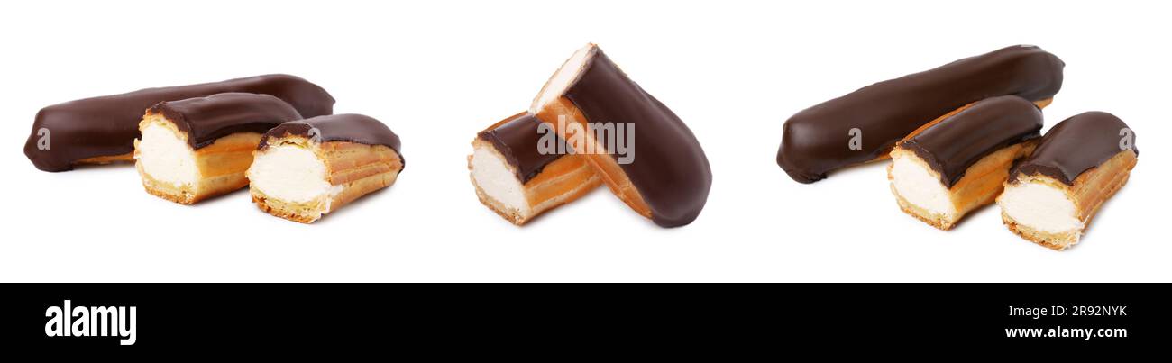 Tasty eclairs covered with chocolate on white background, collage ...
