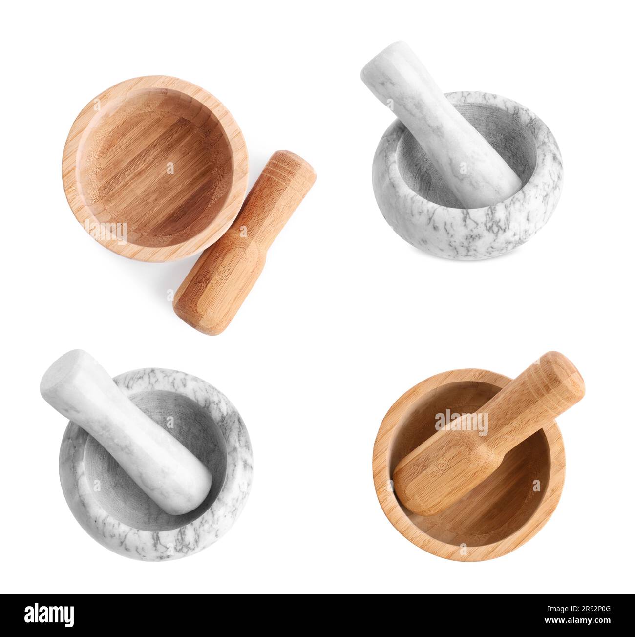 Set of wooden and stone mortars on white background Stock Photo - Alamy