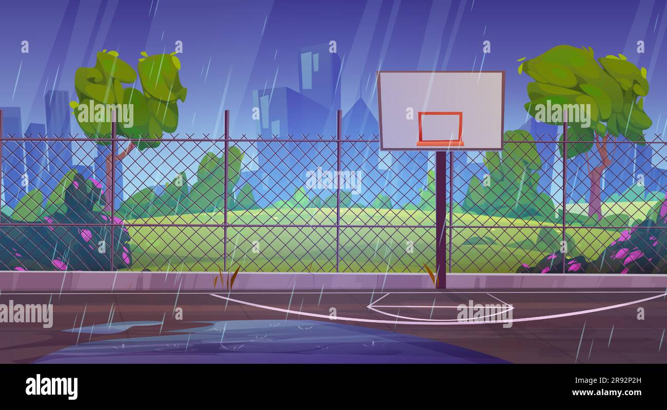 Rain on street basketball court cartoon background. School outdoor ...