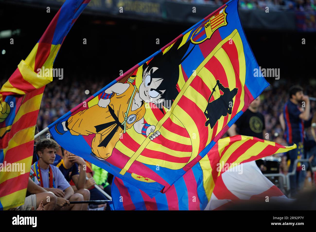 BARCELONA - APR 27: A view of a Dragon Ball FC Barcelona flag during ...