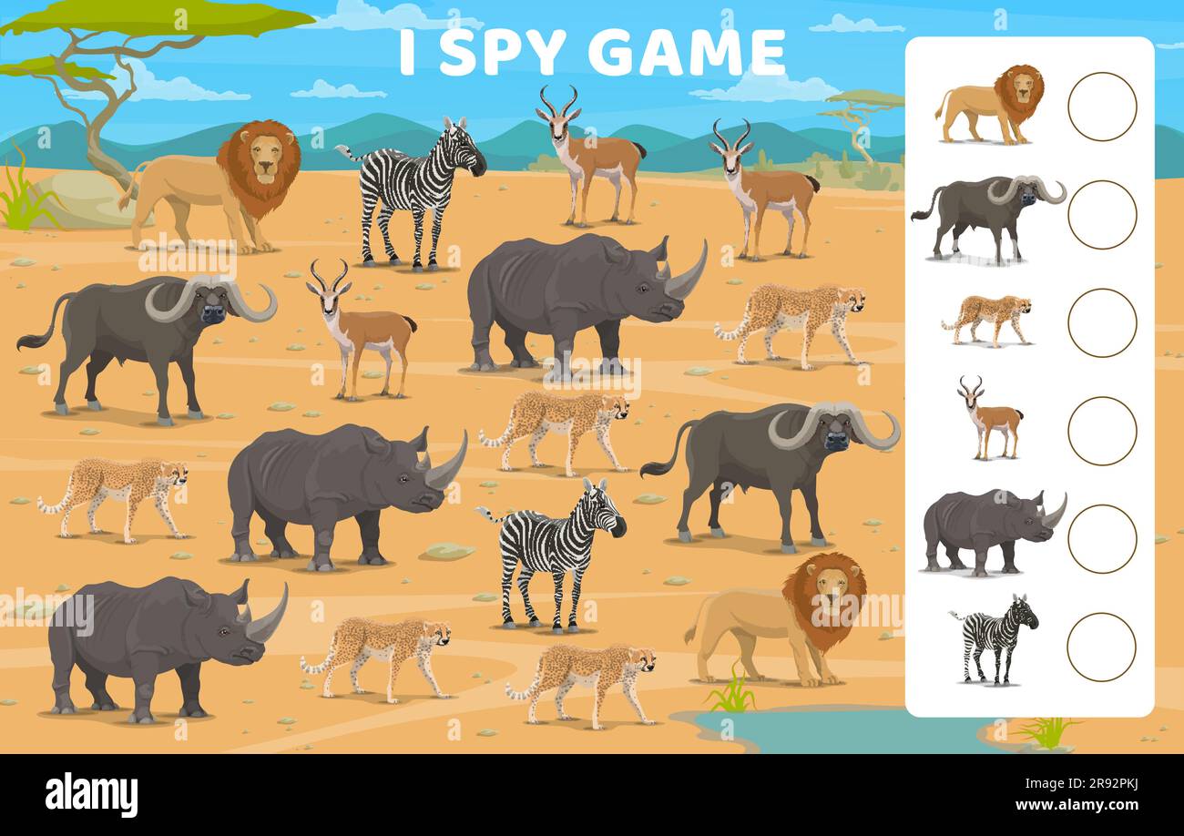I spy game cartoon african savannah animals. Vector worksheet for ...