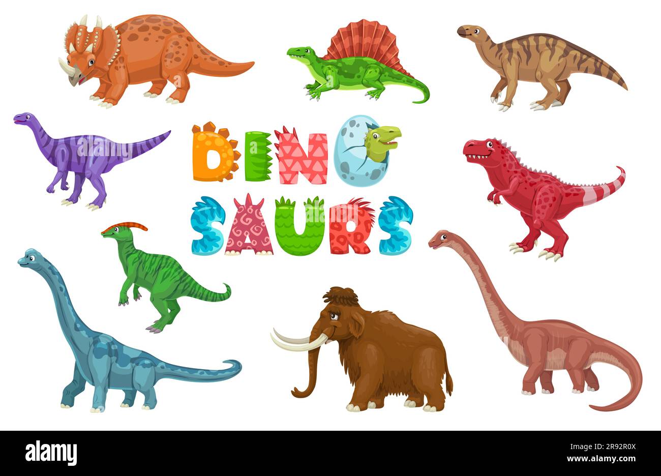 Cartoon dinosaur characters. Dino personages. Centrosaurus, Dimetrodon ...