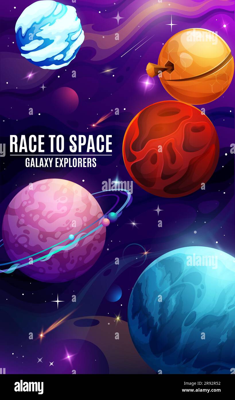 Cartoon space planets or fantasy galaxy world poster, vector background ...