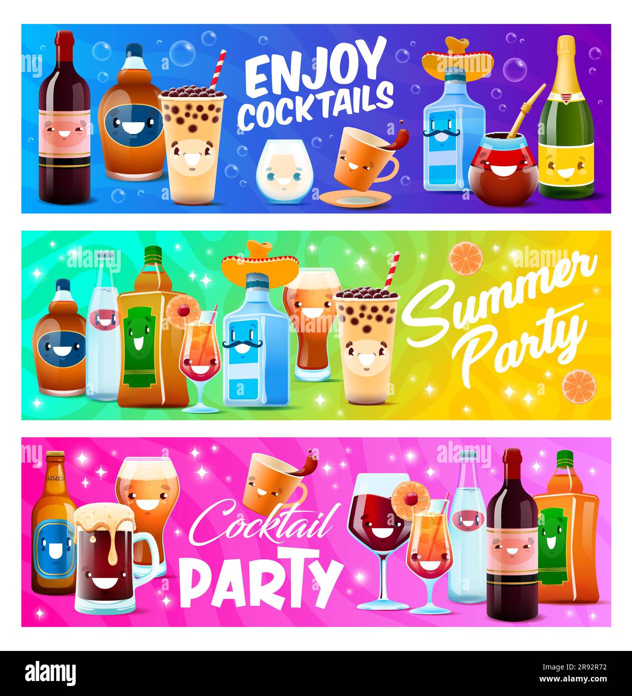 Cartoon drink and cocktail characters. Pub alcohol beverage, restaurant ...