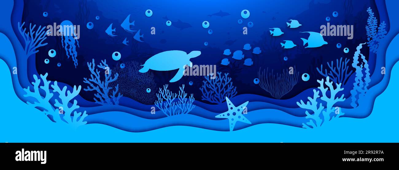 Underwater paper cut, sea landscape with turtle and jellyfish, seaweeds ...