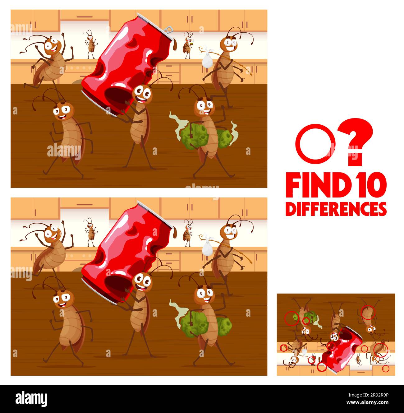 Find ten differences. Cartoon cockroach characters on kitchen kids ...