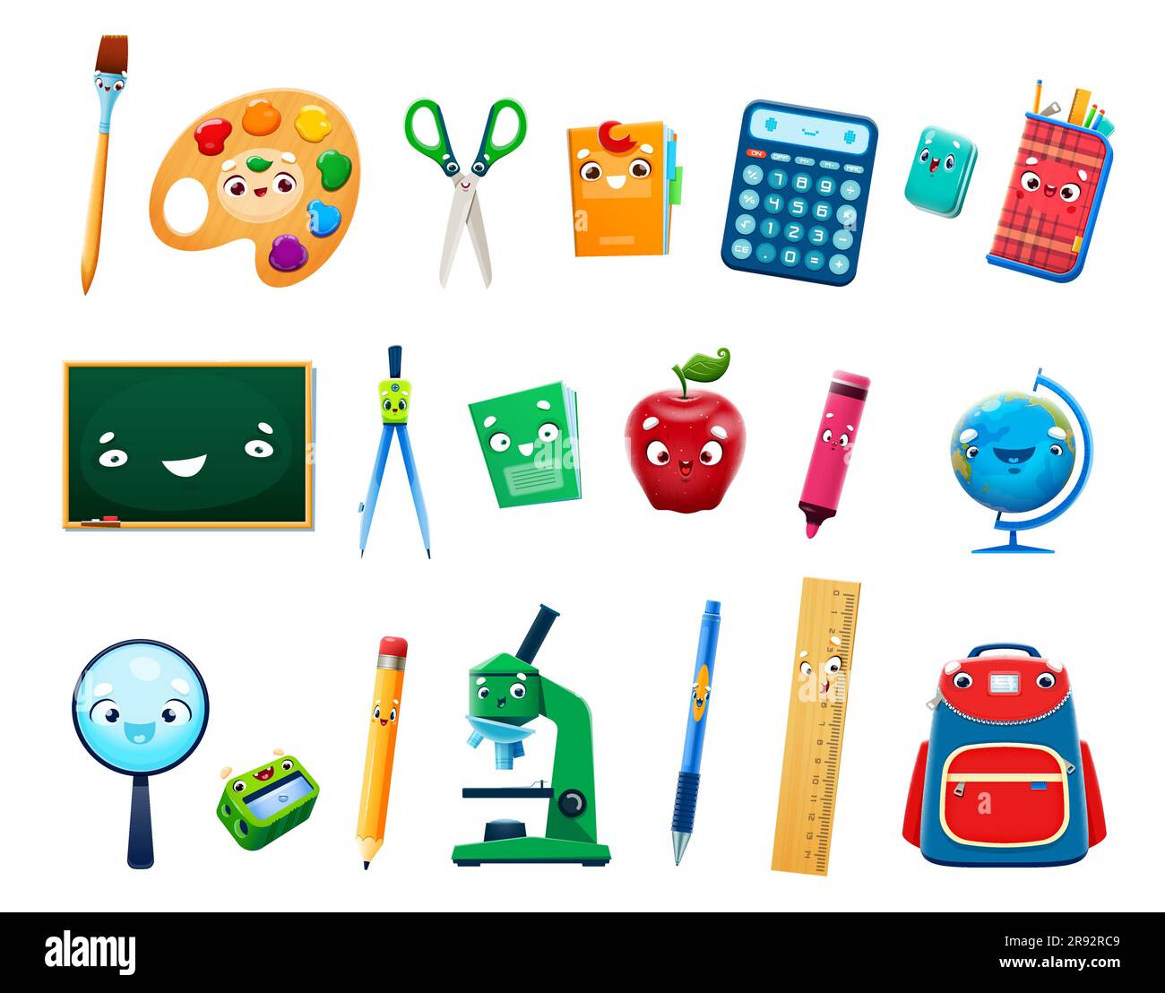 Cartoon school characters, books and stationery with cute funny face ...
