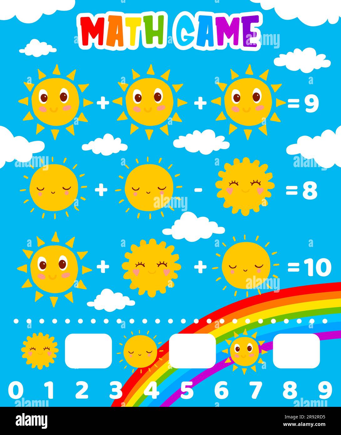 Math game worksheet. Cartoon sun characters, rainbow and clouds ...