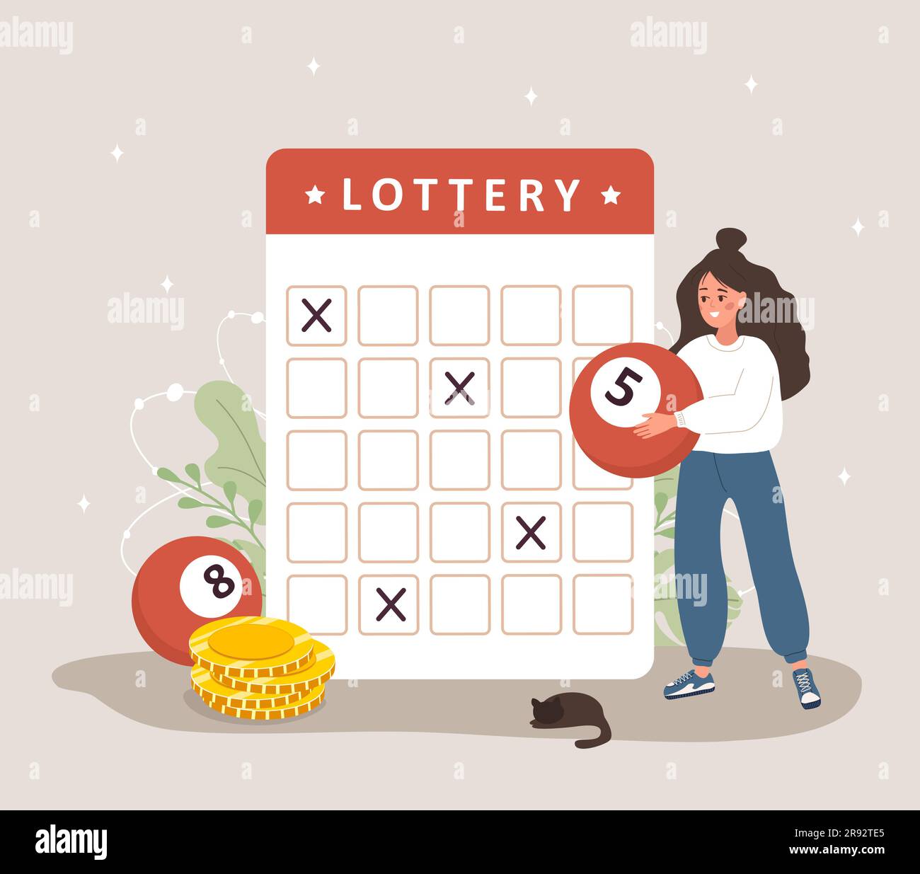 Lottery game. Woman with giant ball gambling. Hobby and leisure concept ...
