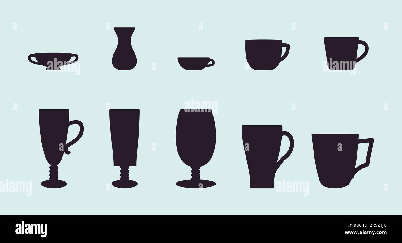 Glasses Of Hot Or Cold Drink Tea And Coffee Black Icon Set Vector Illustration Isolated Stock