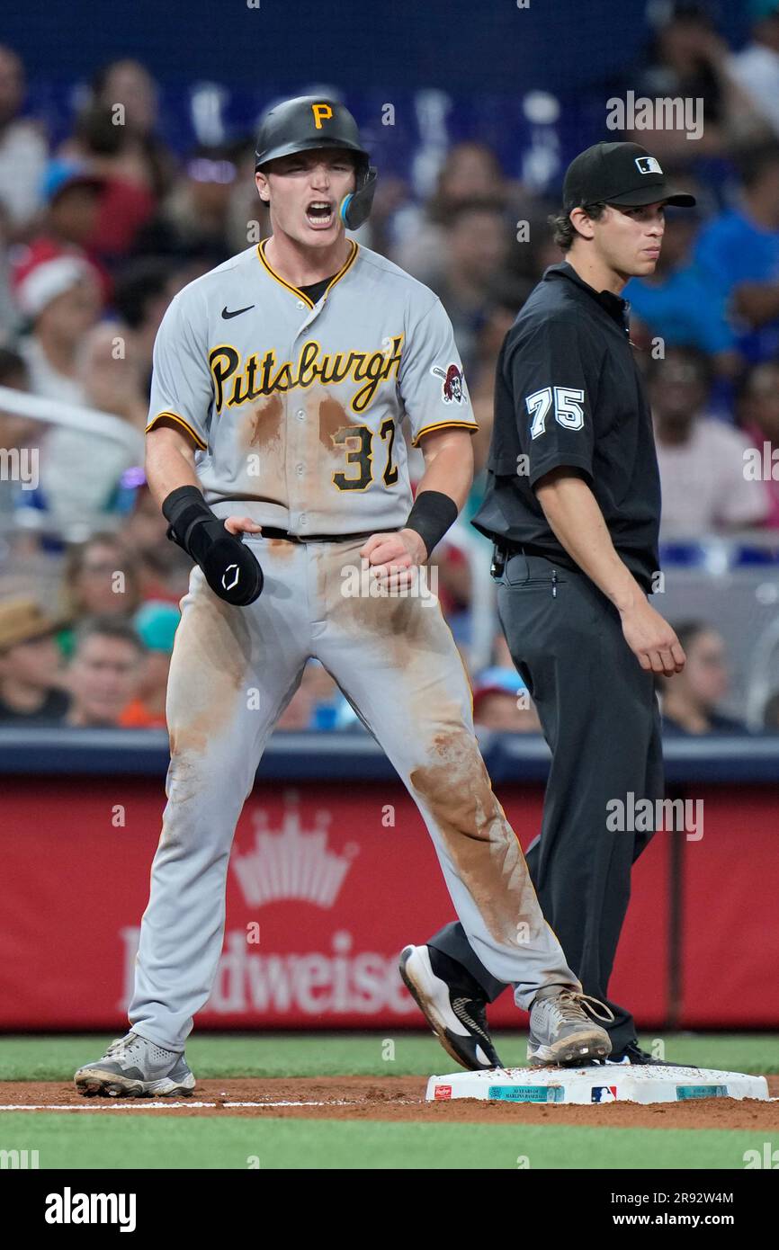 Pittsburgh Pirates' Henry Davis celebrates after reaching third base on ...