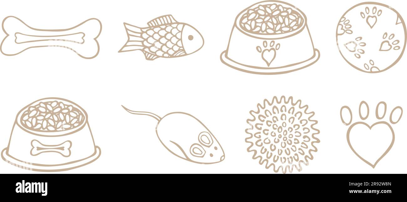 A set of items for pets. Toys, food bowl, bone, ball, mouse, fish, paw ...