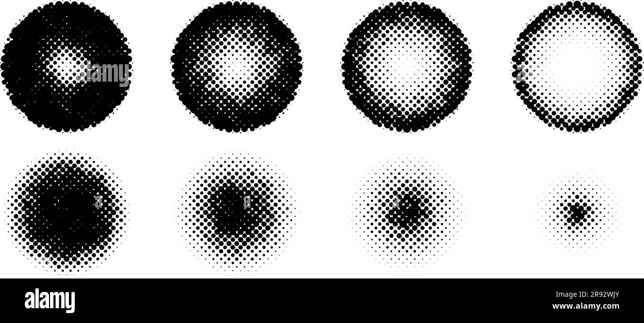 Halftone circle shapes set. Dotted textured spheres collection. Round fading gradient in comic ...