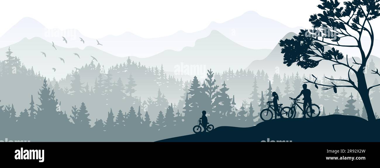 Active family cycling. Forest and mountains in background. Mother ... Active family cycling. Forest and mountains in background. Mother ...