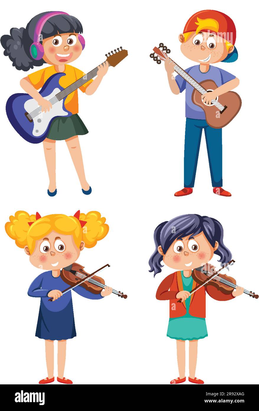 Set of cartoon kids character with music instruments illustration Stock ...