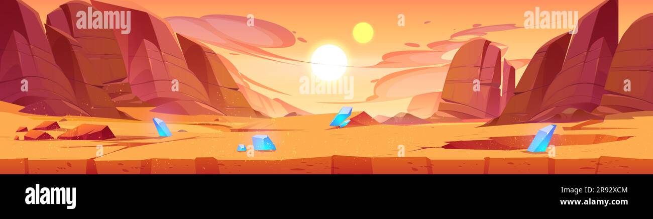Space Mars planet desert landscape with crystal. Vector alien martian ...