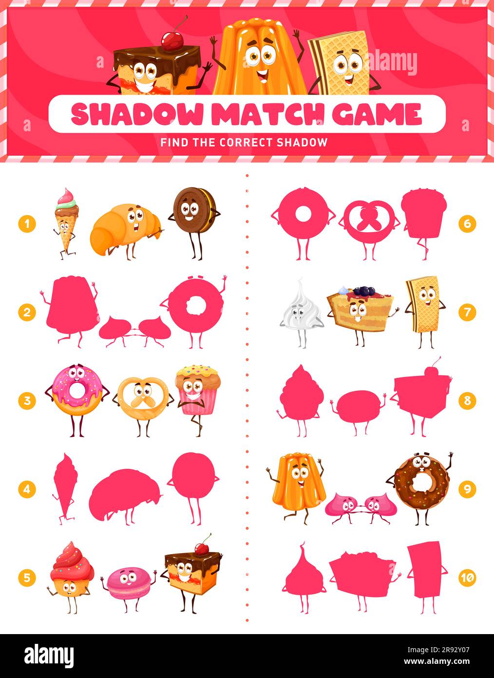 Shadow match game, cartoon bakery, sweets and dessert characters ...