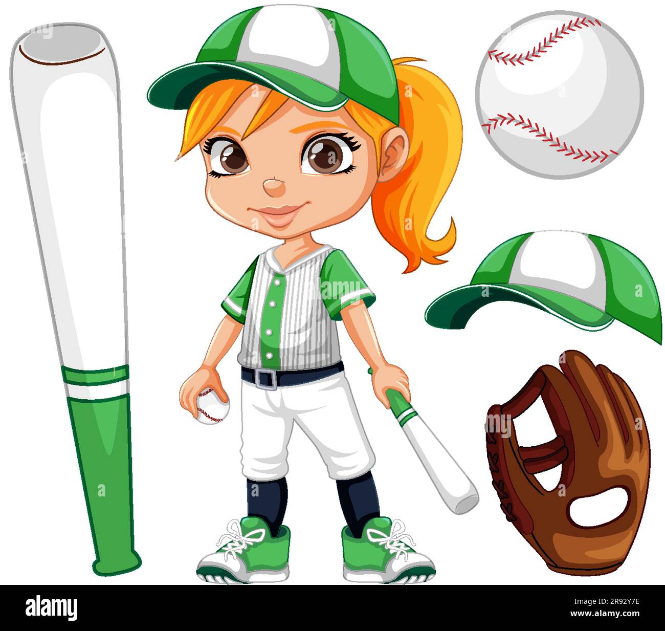 Cute Girl in Baseball Outfit with Baseball Sport Objects illustration ...