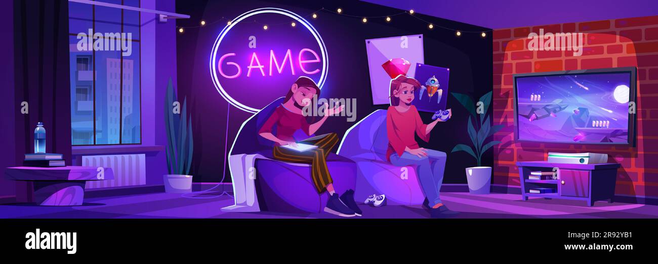 Two girls drawing on tab, playing video game at night. Vector ...