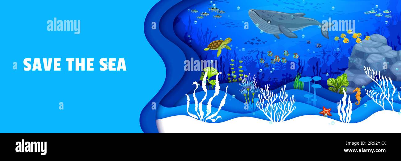 Cartoon sea paper cut landscape. Whale and turtle, fish shoal and ...