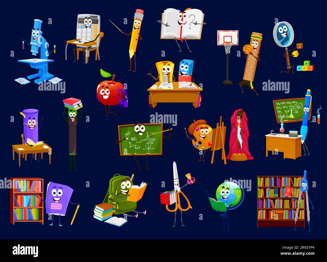 Cartoon school supply stationery characters, vector education ...