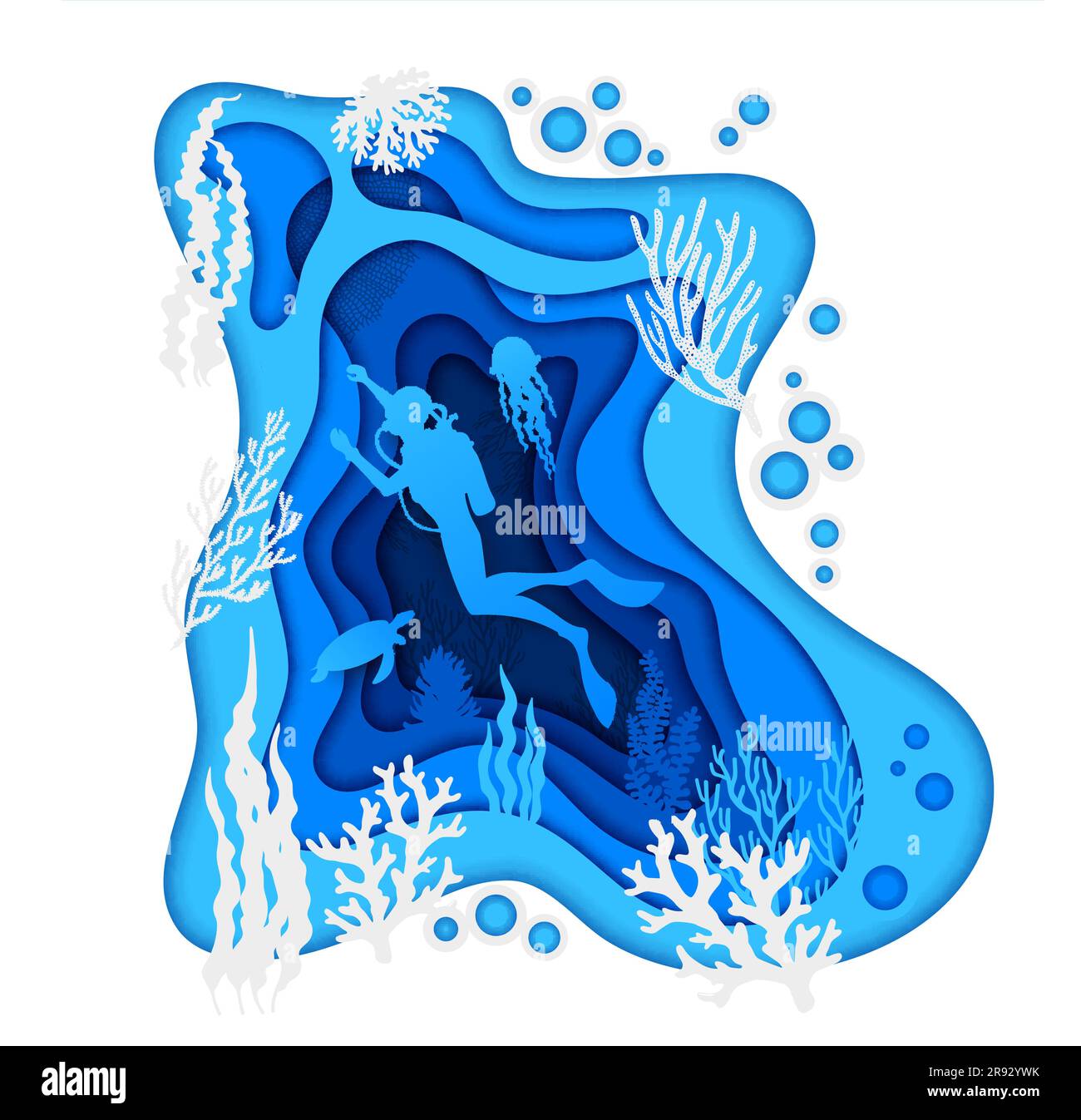 Diver in underwater paper cut of sea landscape, turtle and seaweeds ...