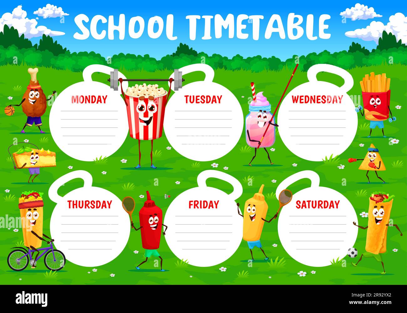 Timetable schedule. Cartoon fast food characters on sport. Education ...