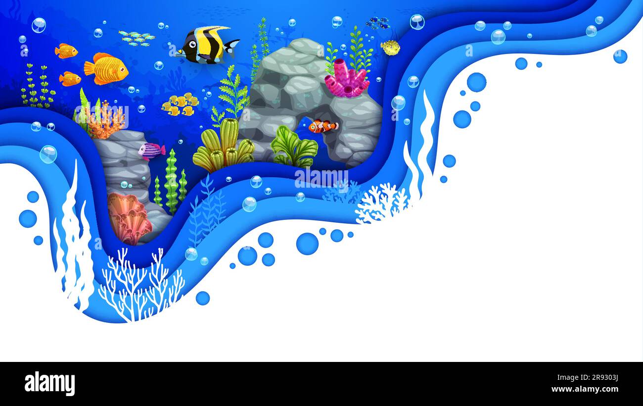 Cartoon tropical fish shoal and seaweeds. Underwater paper cut sea ...