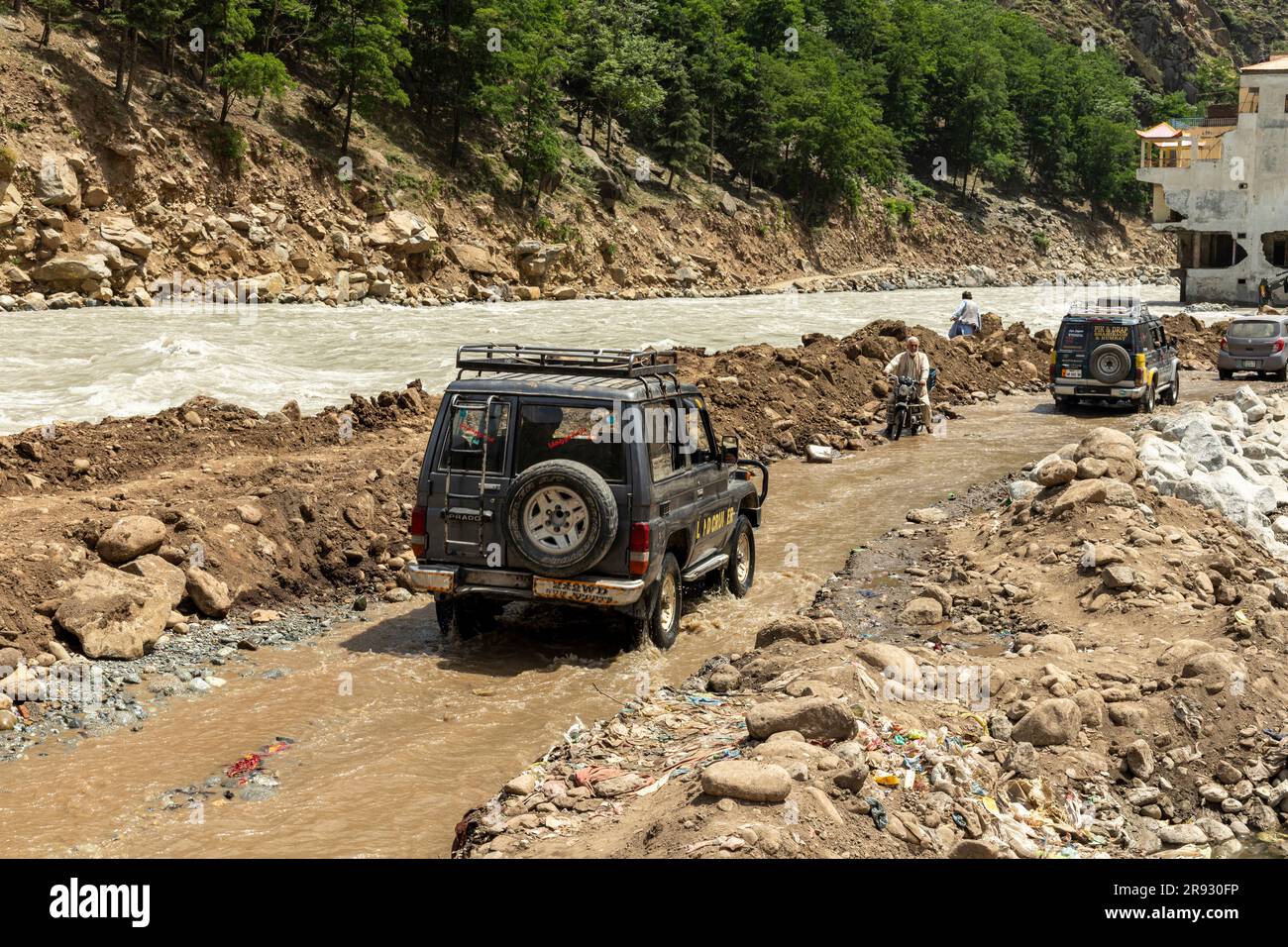Aftermath of the Bahrain Kalam road damaged by flood in the river swat ...