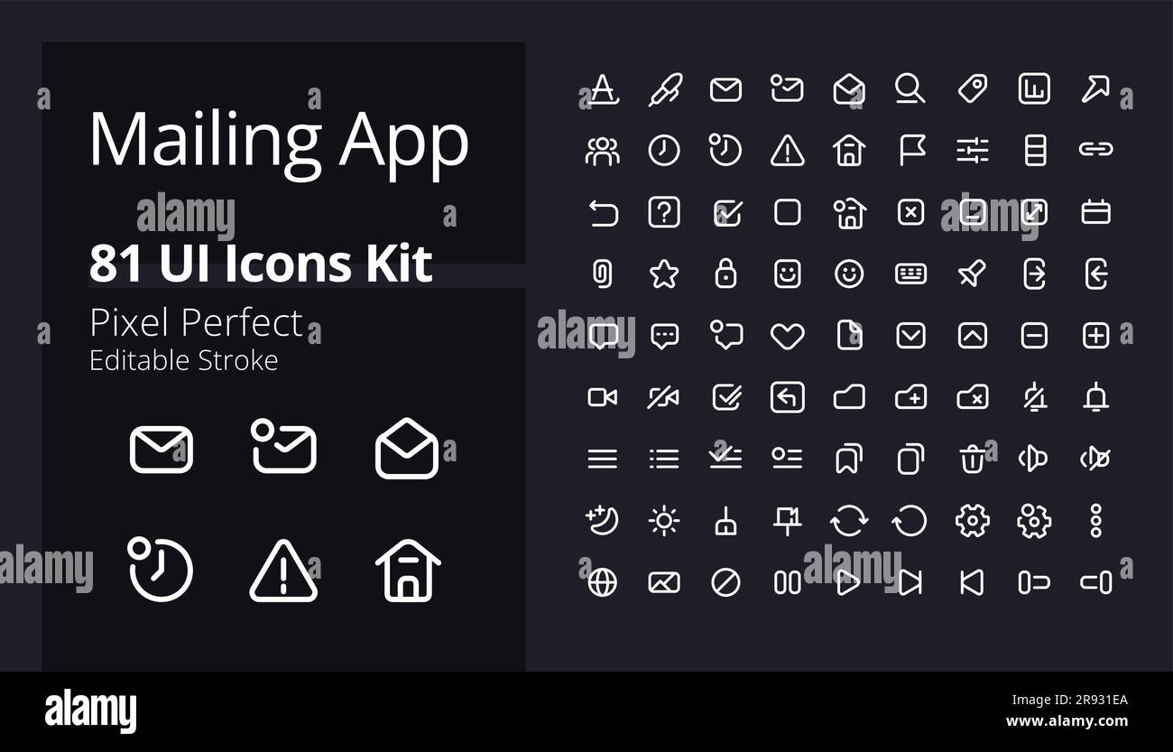 Mailing app pixel perfect white linear ui icons kit for dark theme Stock Vector Image & Art - Alamy