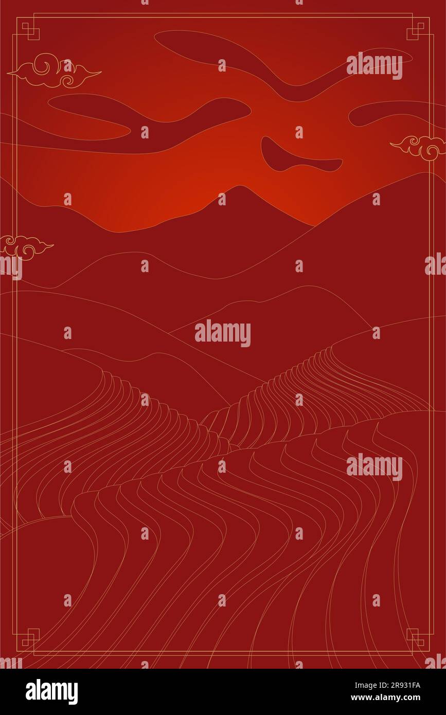 Rice field at red sunset poster. Chinese agricultural terraces in ...