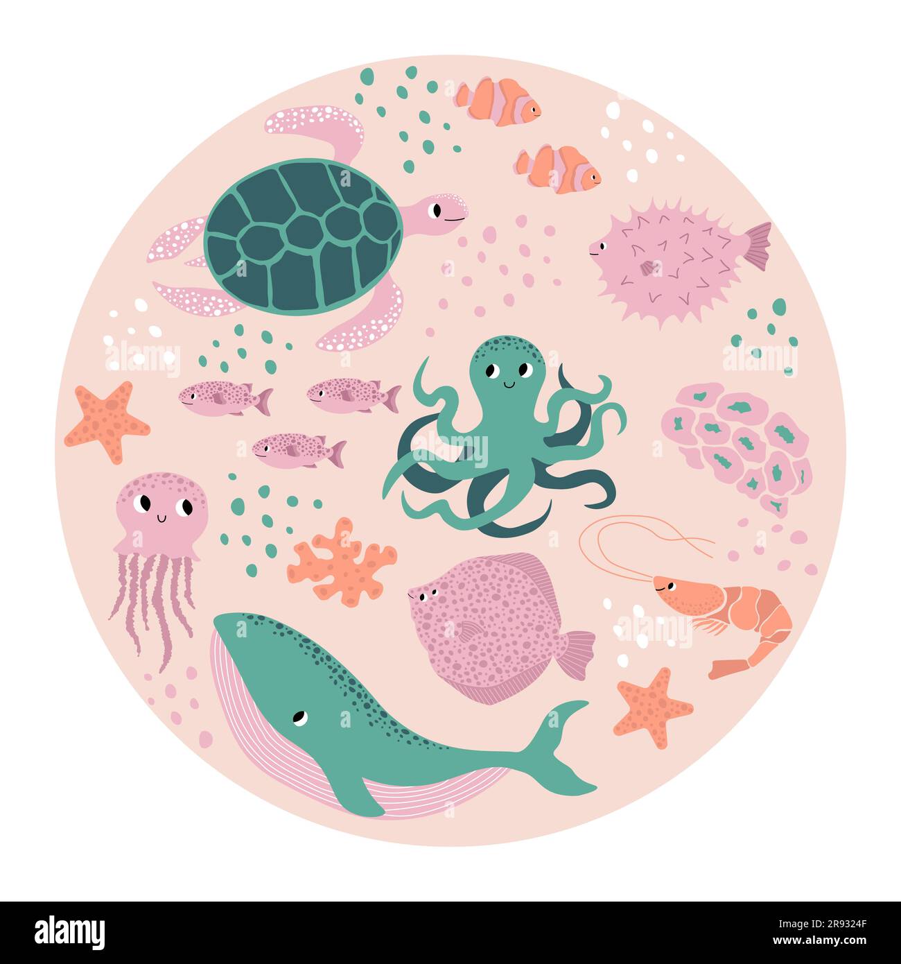 Vector ocean illustration with whale, octopus, turtle, flounder, shrimp ...