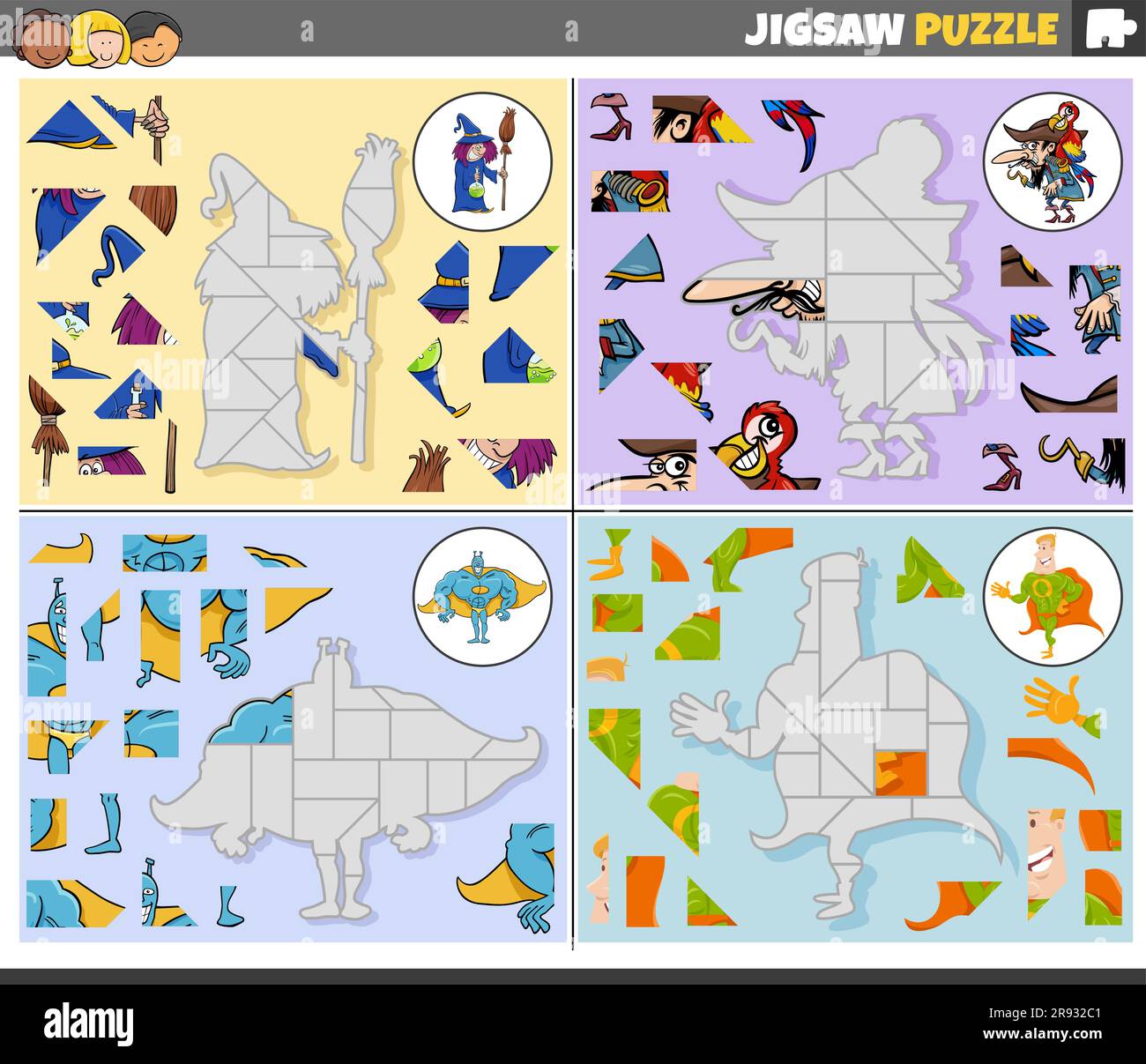 Cartoon illustration of educational jigsaw puzzle games set with ...