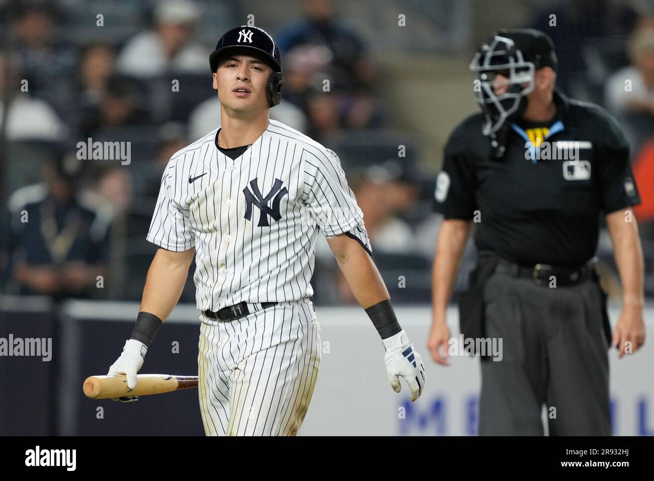 New York Yankees' Anthony Volpe reacts after striking out against Texas ...