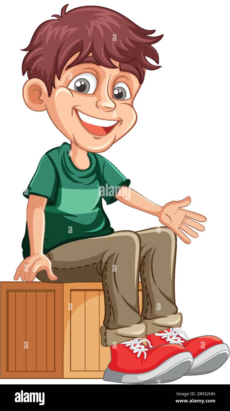 Cheerful Boy Sitting on Wooden Box Cartoon illustration Stock Vector ...