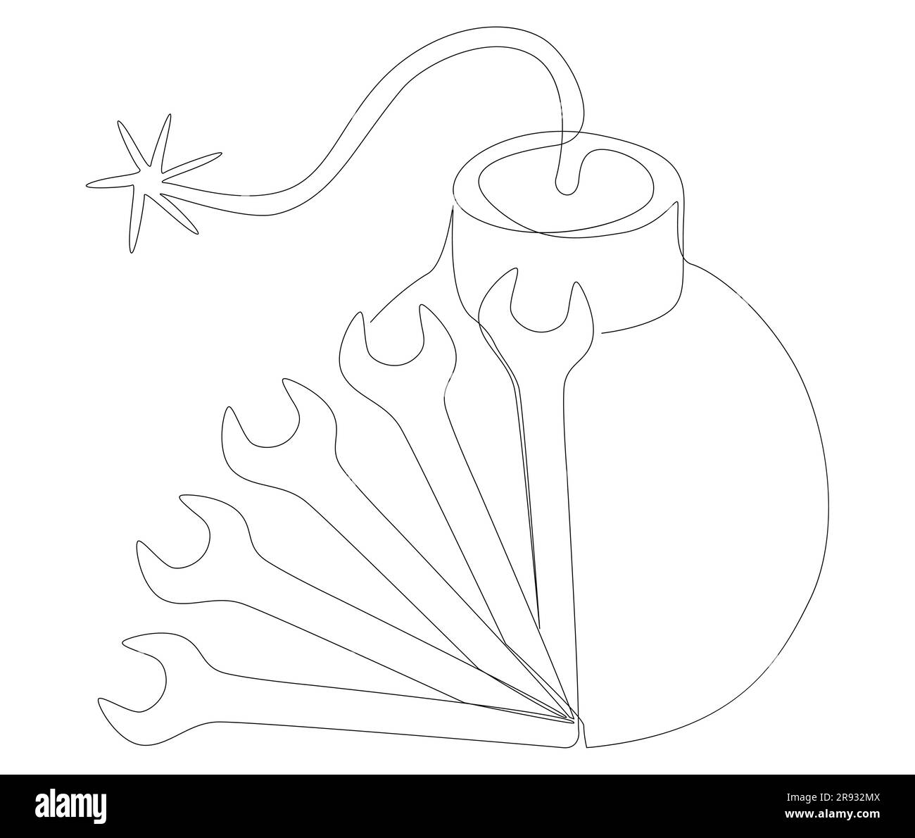 One continuous line of bomb and wrench. Thin Line Illustration vector ...