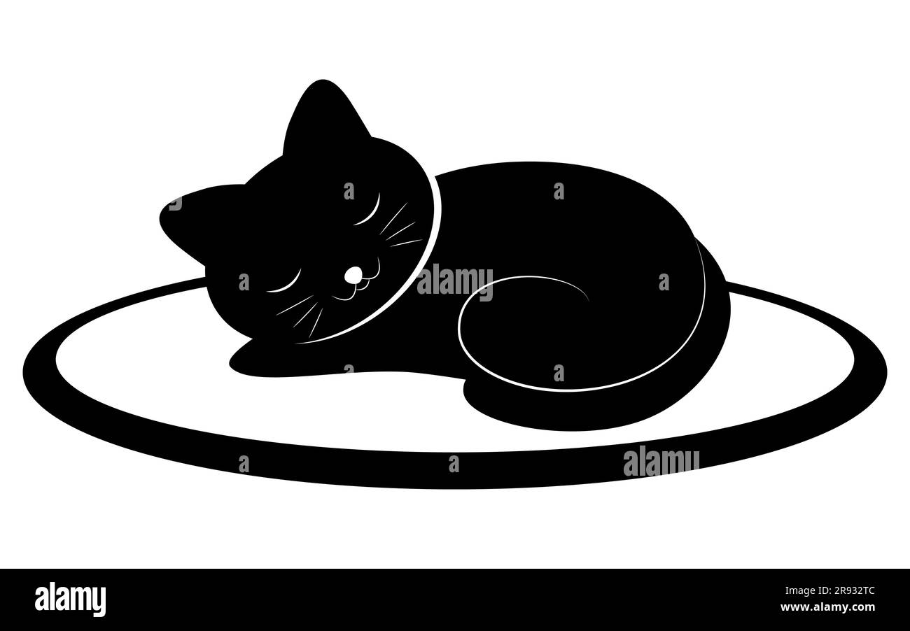 Cute kitten sleeping on the mat. Black and white Isolated vector ...