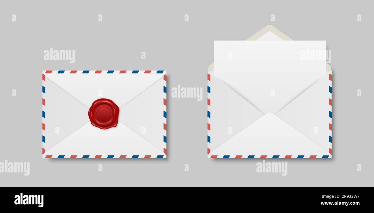 Vector Envelopes with Red Wax Seal and Blank Letter. Folded, Unfolded Isolated Envelope Set in ...
