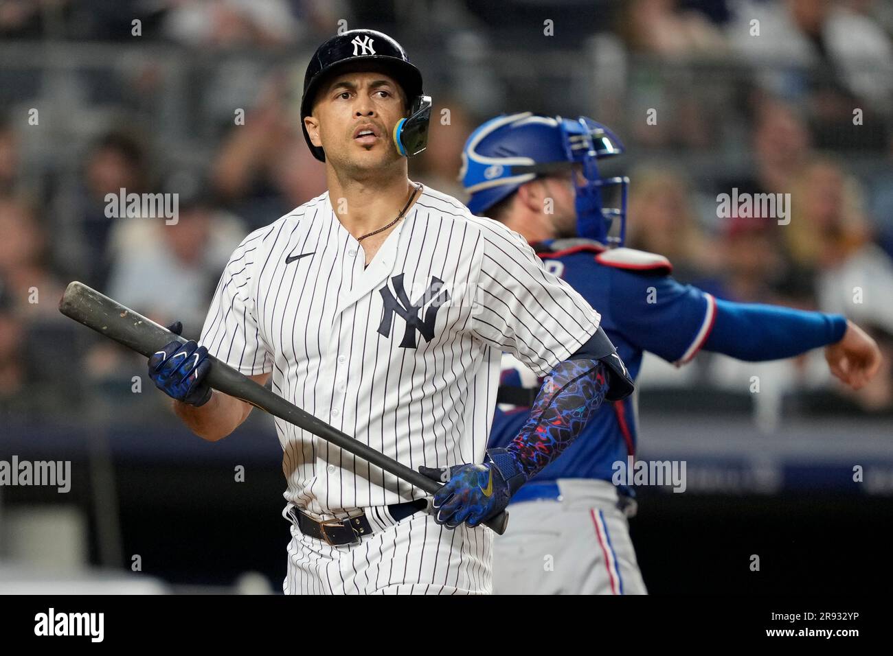 New York Yankees' Giancarlo Stanton reacts after striking out against ...
