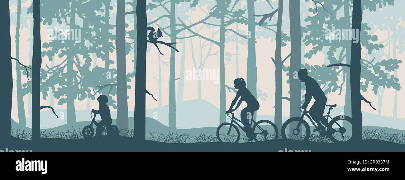 Active family cycling in forest. Mother, father, child, blue silhouette ... Active family cycling in forest. Mother, father, child, blue silhouette ...