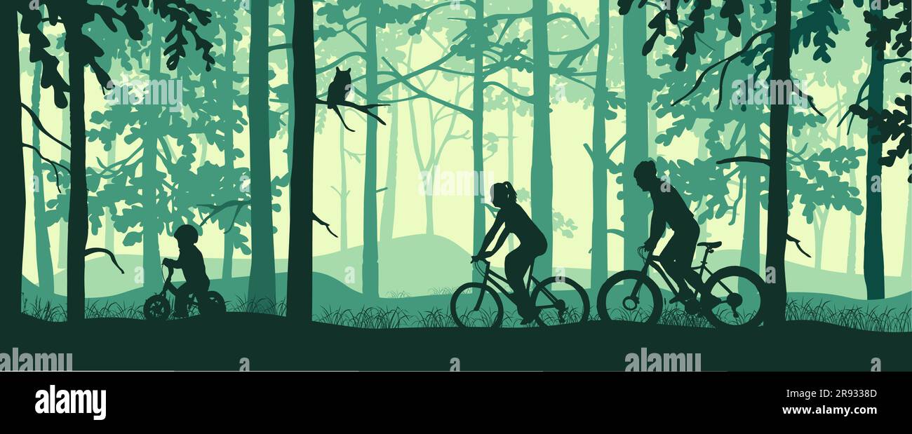 Active family cycling in forest. Mother, father, child, green ... Active family cycling in forest. Mother, father, child, green ...
