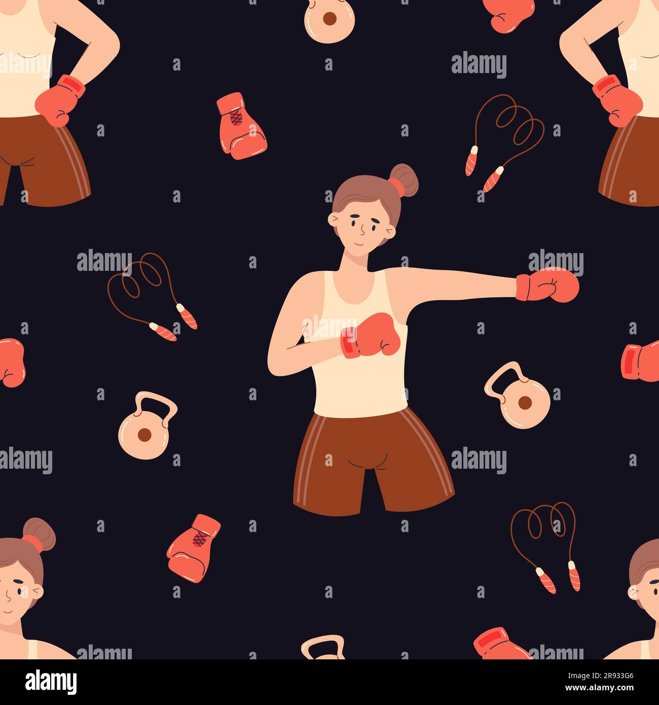 Seamless pattern with girls athletes boxers and sports equipment on ...