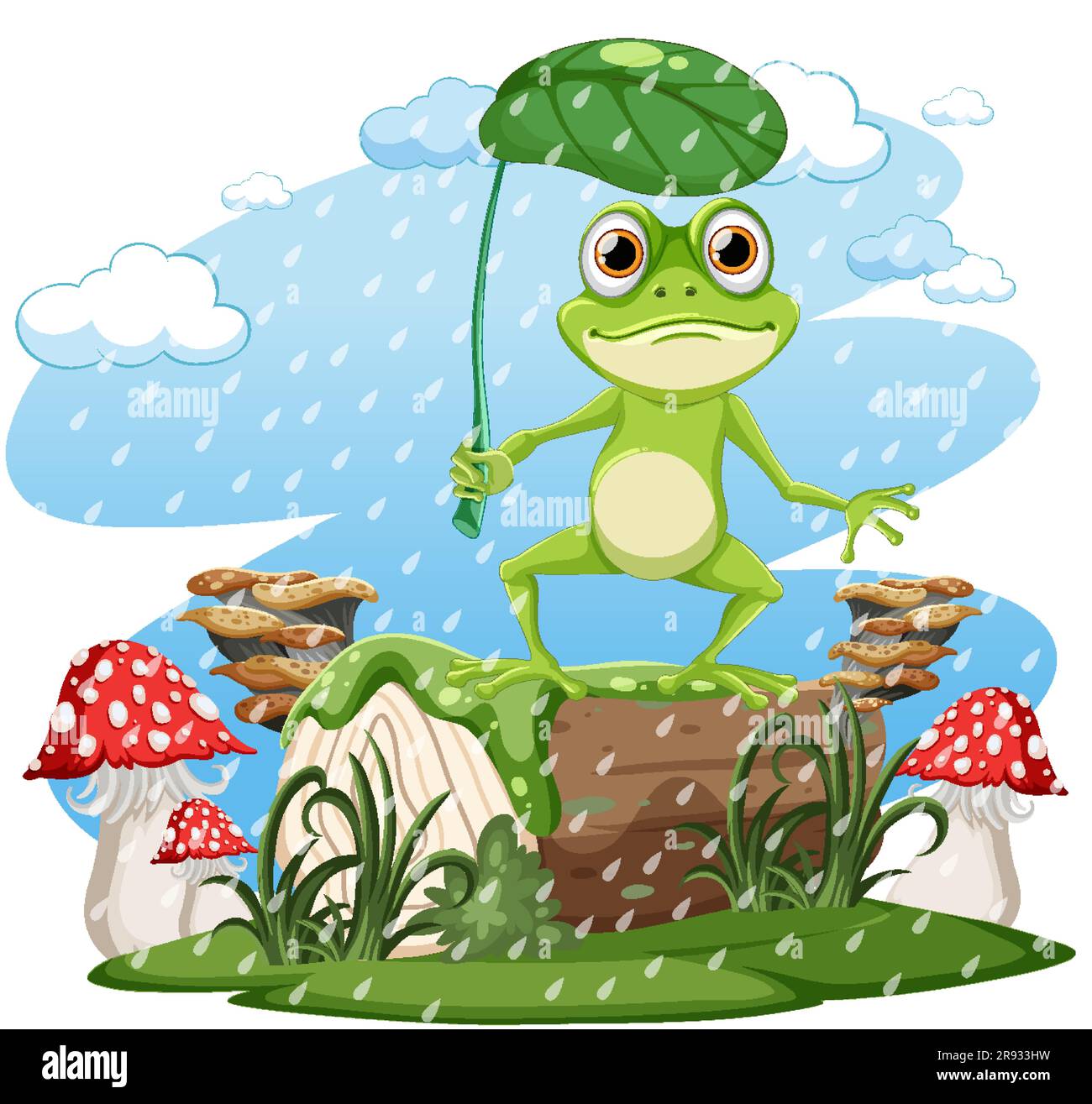 Green Frog Cartoon Character Holding Leaf Umbrella illustration Stock ...