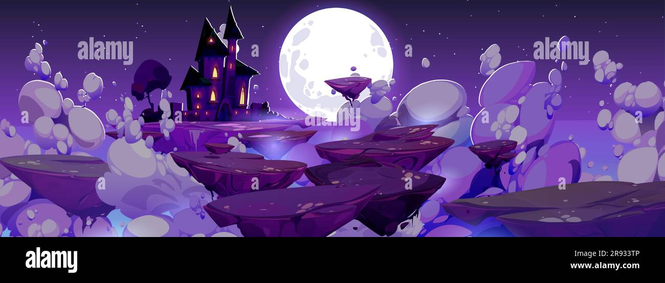 Mystery floating rock islands, fantasy sky road to magic castle vector ...