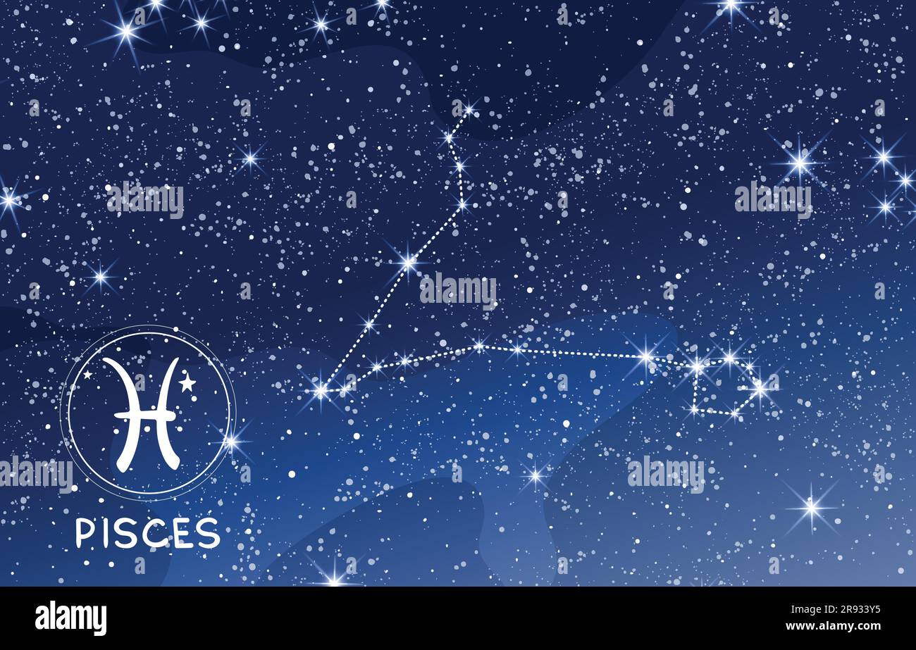 Pisces constellation in the blue night sky, zodiac sign map, modern ...