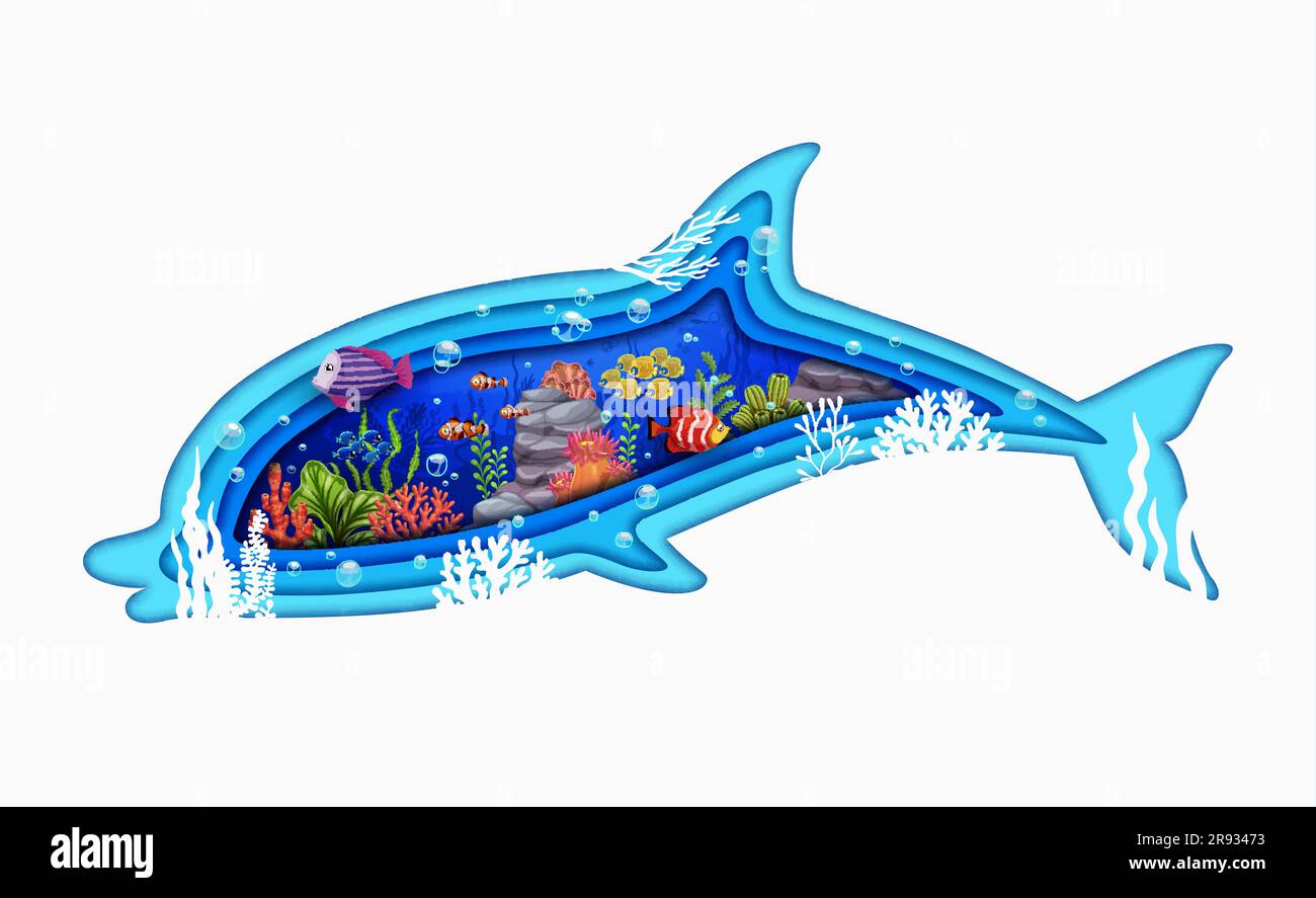 Cartoon dolphin paper cut silhouette, underwater landscape with ...